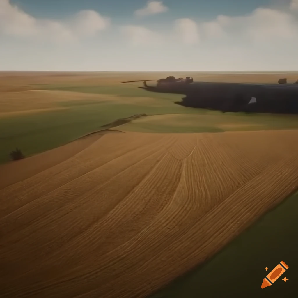 Aerial view of futuristic farm fields with sci-fi elements and beige ...