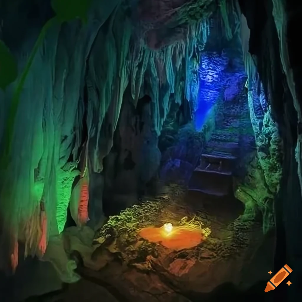 Mesmerizing cave entrance with luminous vines in a hidden forest on Craiyon