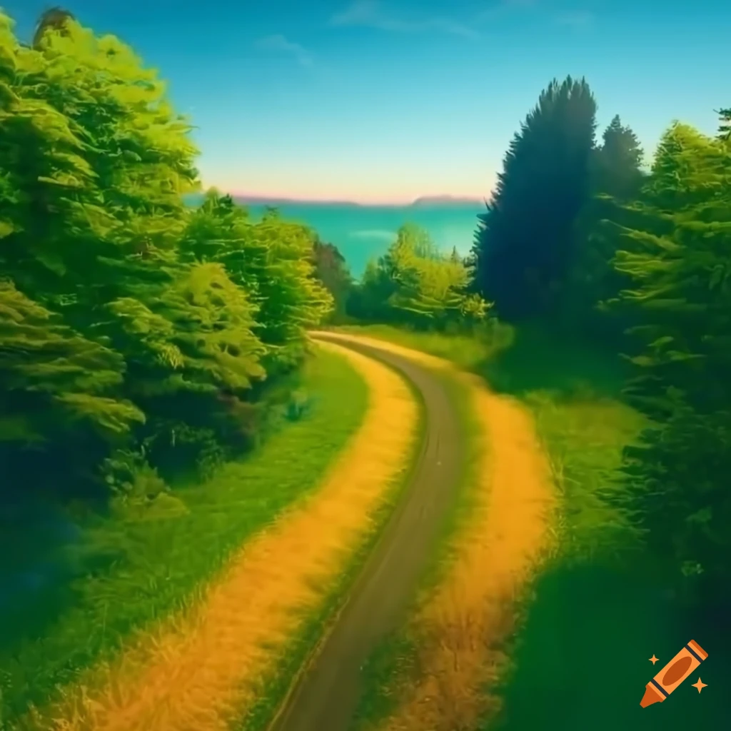 Country road surrounded by trees, flowers, and river in vibrant rpg ...