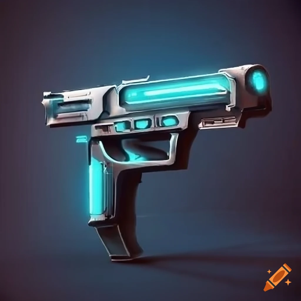 Futuristic depiction of a pistol with cybernetic enhancements on Craiyon