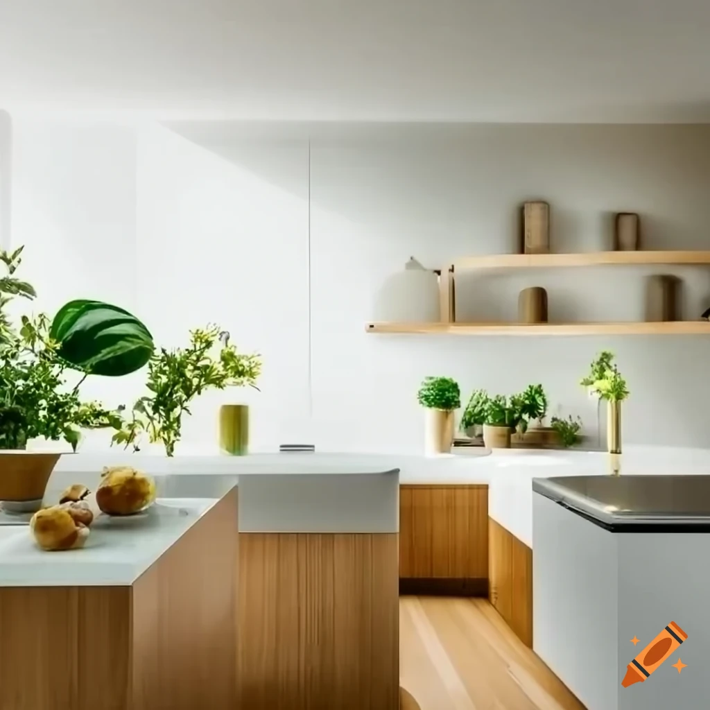 Interior view of a creative asymmetric kitchen with organic shapes and ...