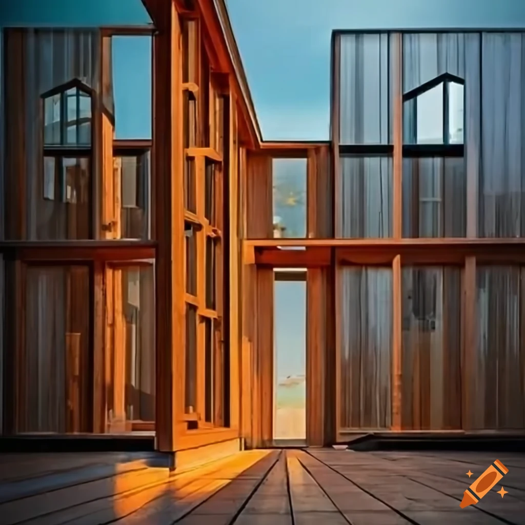Modern wooden building with glass windows and raised porch on Craiyon