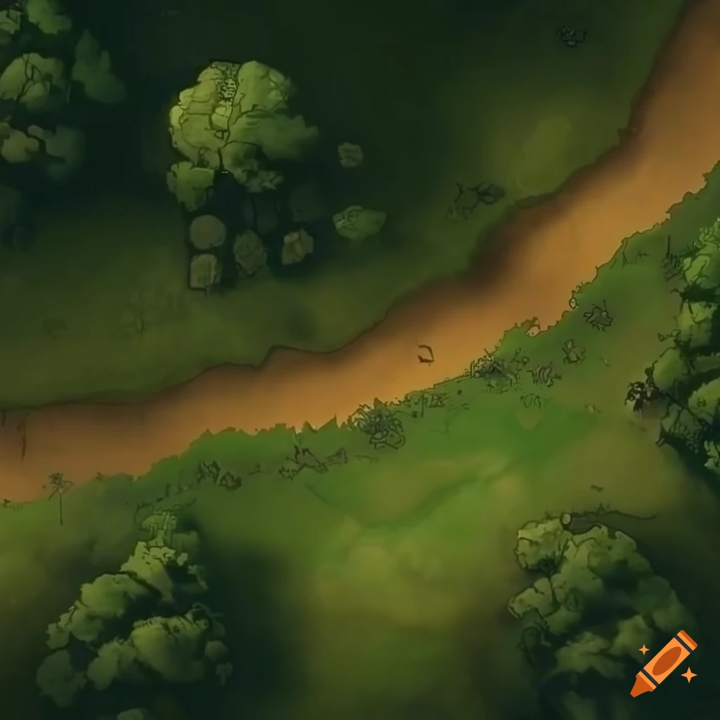 Rpg gamefield view from above with river, hills, and trees on Craiyon