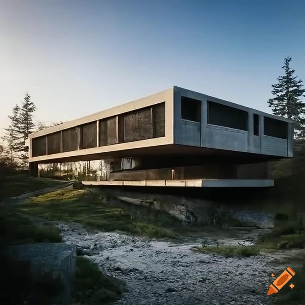 Brutalist architecture blending with nature in a photorealistic forest ...