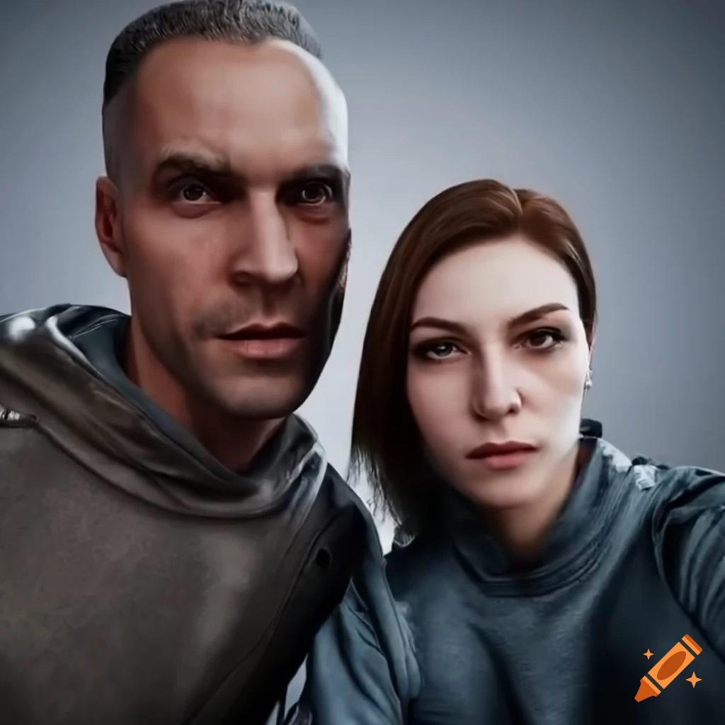 Sci-fi man and woman in sweatshirt and jacket in unreal engine 5 selfie ...
