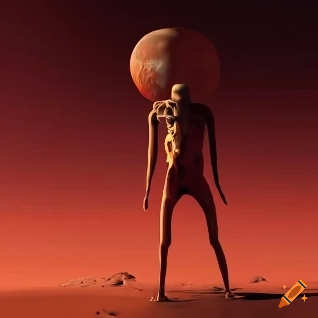 Surrealist scene of tall humanoid figures on mars under a red sky on ...