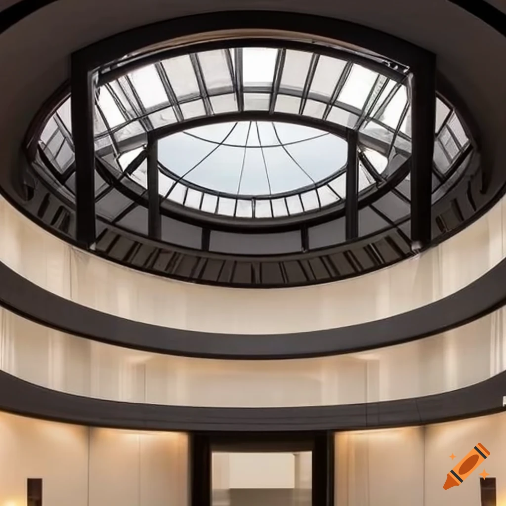 Large modern circular square interior with steel and glass roof on Craiyon