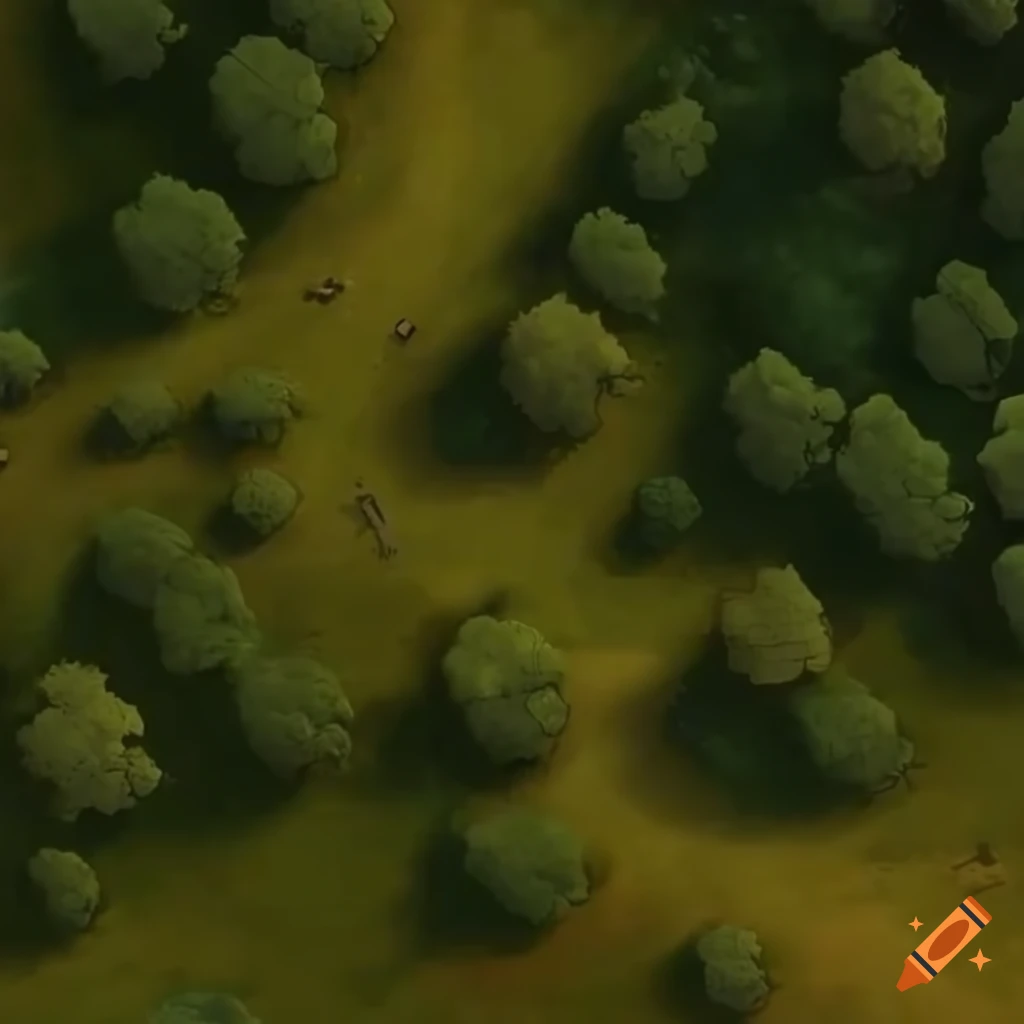 RPG gamefield view from above with river, hills, and trees on Craiyon