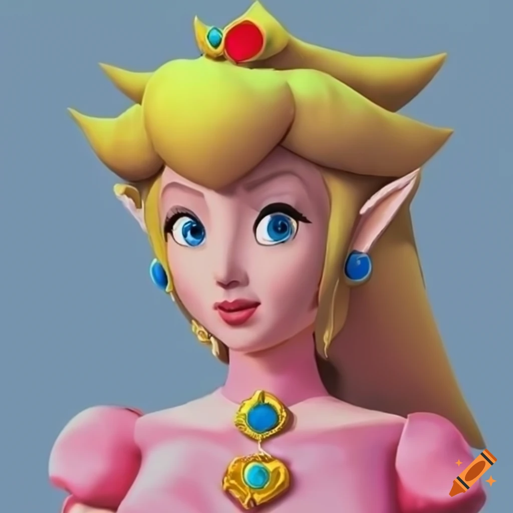 Princess Peach and Link in pink silk ballgowns posing together on Craiyon