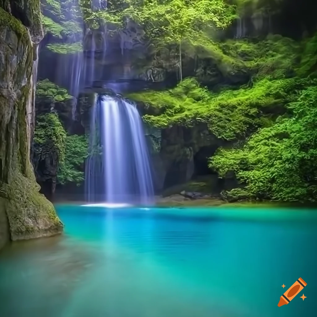 Stunning waterfall cascading into clear pools with hidden cave entrance ...