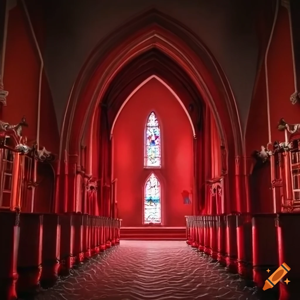 Red metallic church building on Craiyon