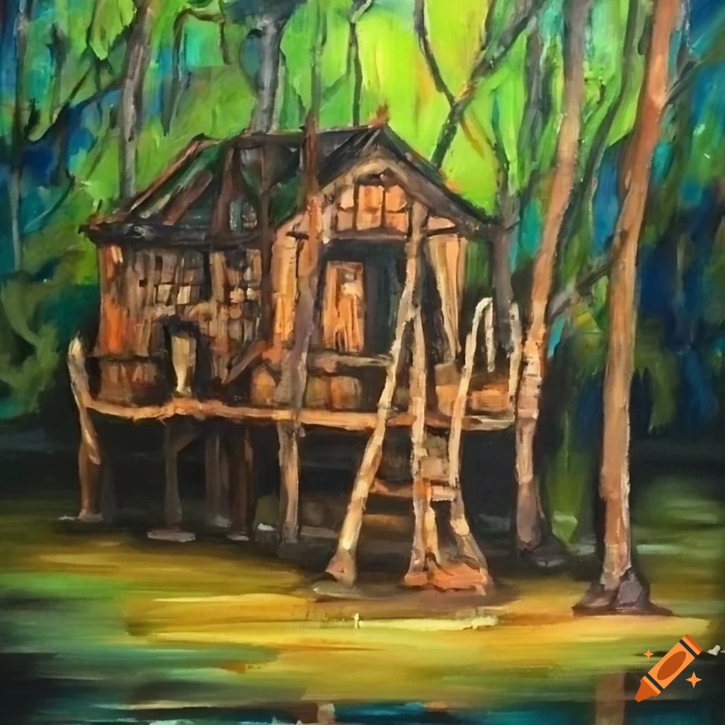 Treehouse huts in a swamp portrayed in a crude oil painting on Craiyon
