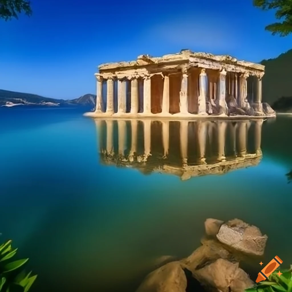 Sand-colored greek temple overlooking a lake on Craiyon