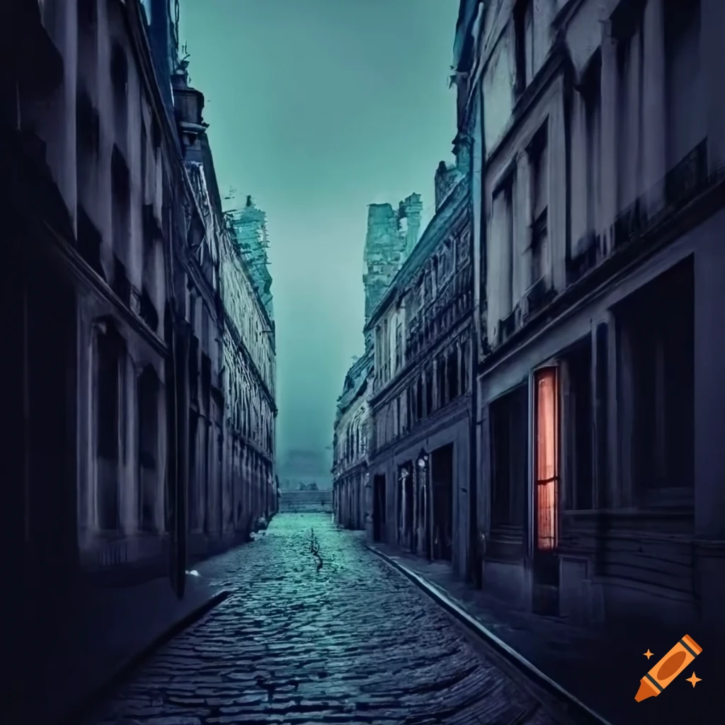 French poster of a dark paris alleyway under a light sky on Craiyon