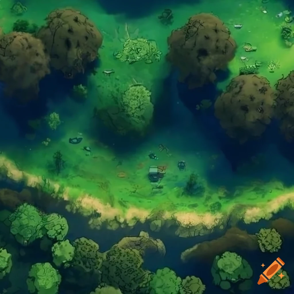 Rpg gamefield view from above with river, hills, and trees on Craiyon