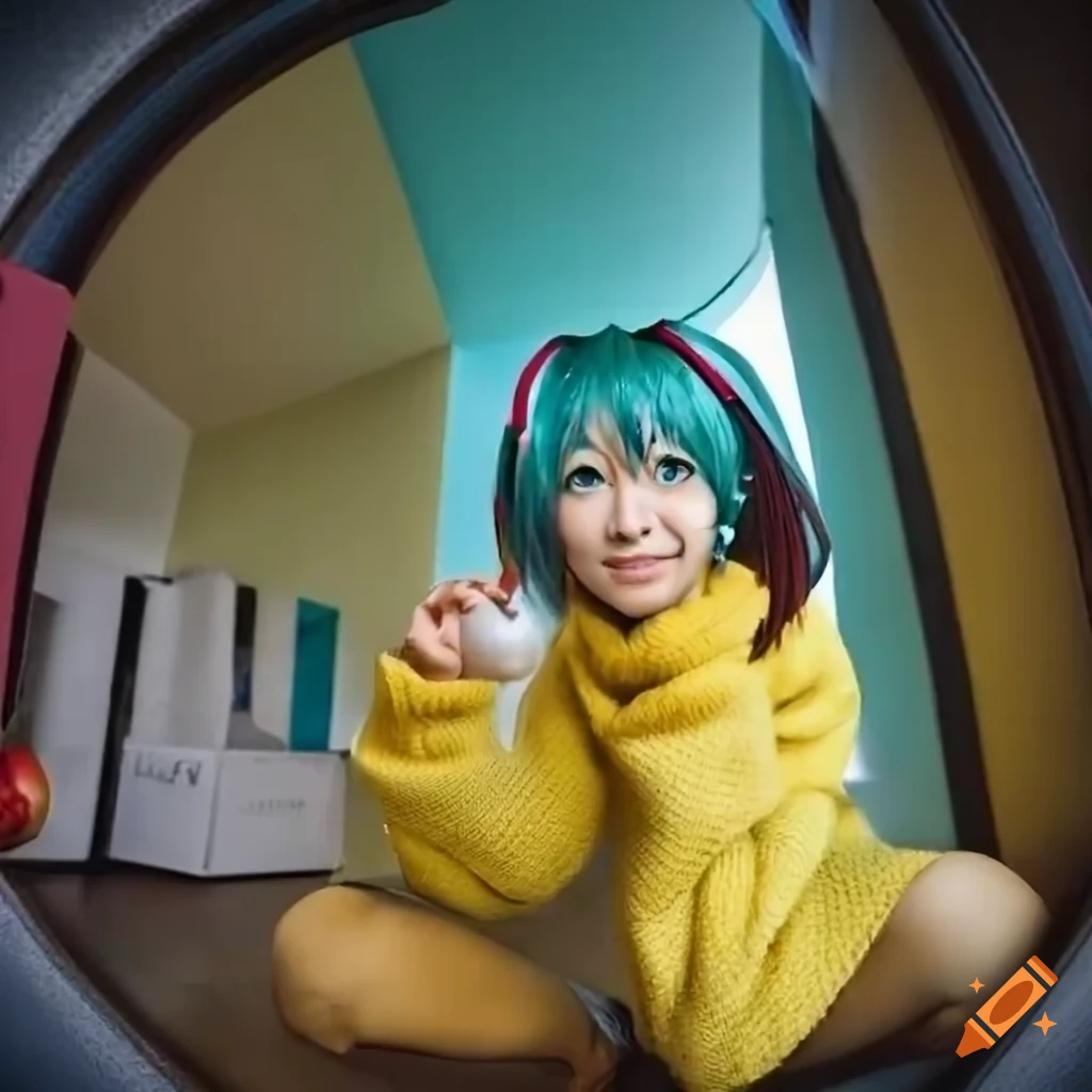 Hatsune Miku in yellow sweater sitting on Apple box on Craiyon