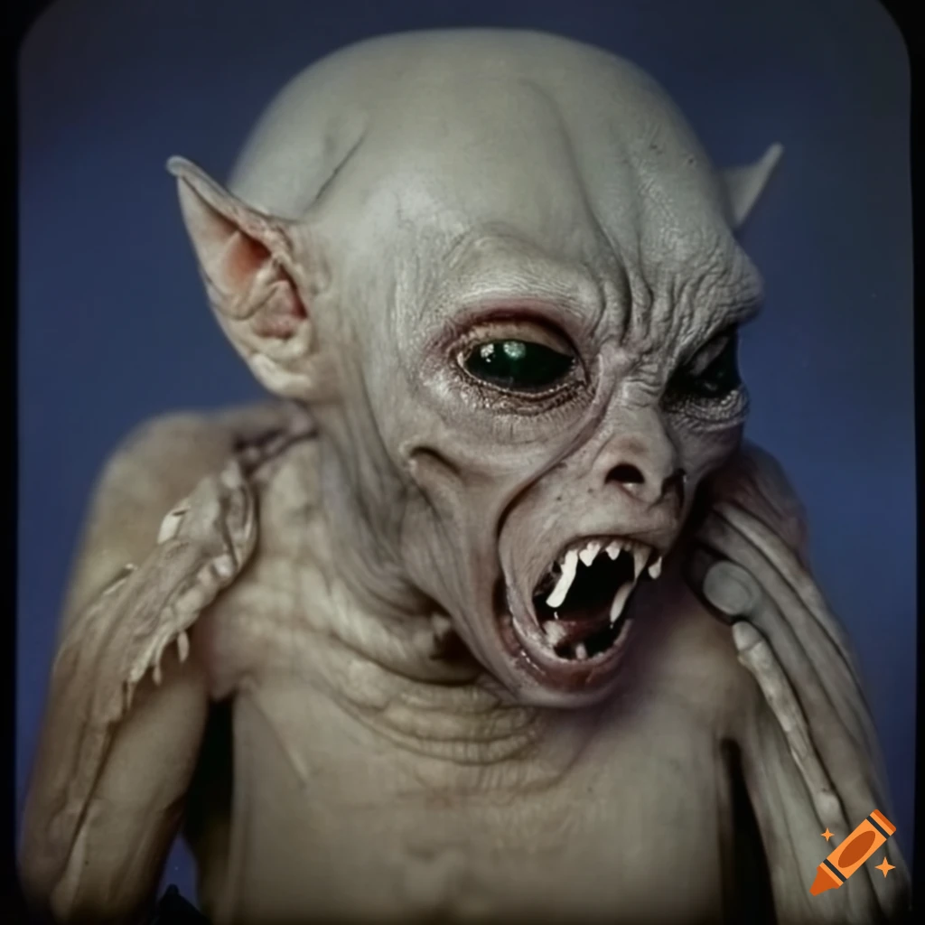 Gray alien with fangs in a vintage color photo on Craiyon