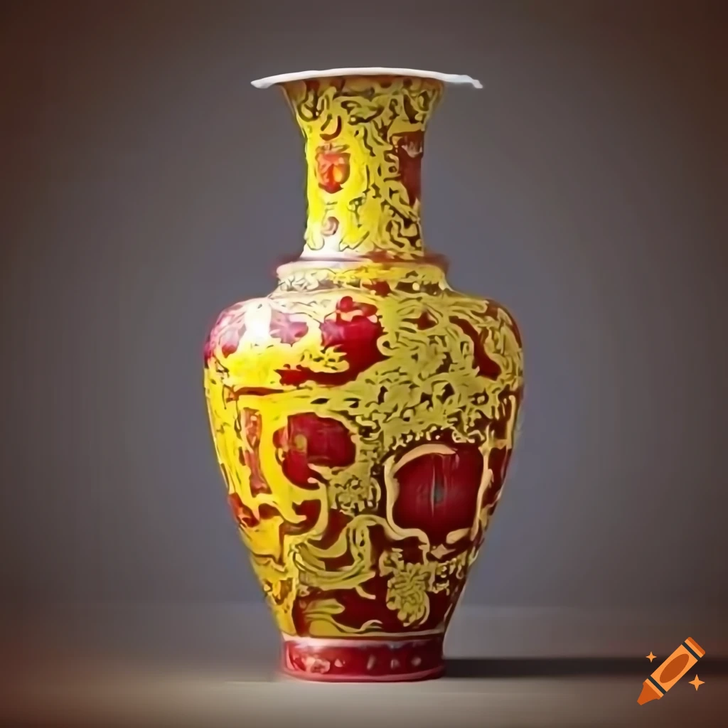 Ornate Chinese vase with yellow and red designs in dramatic lighting on ...
