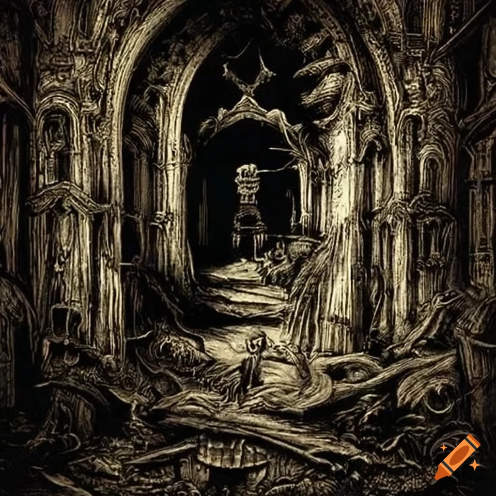 Engraving style rotting city in a nightmare dream on Craiyon