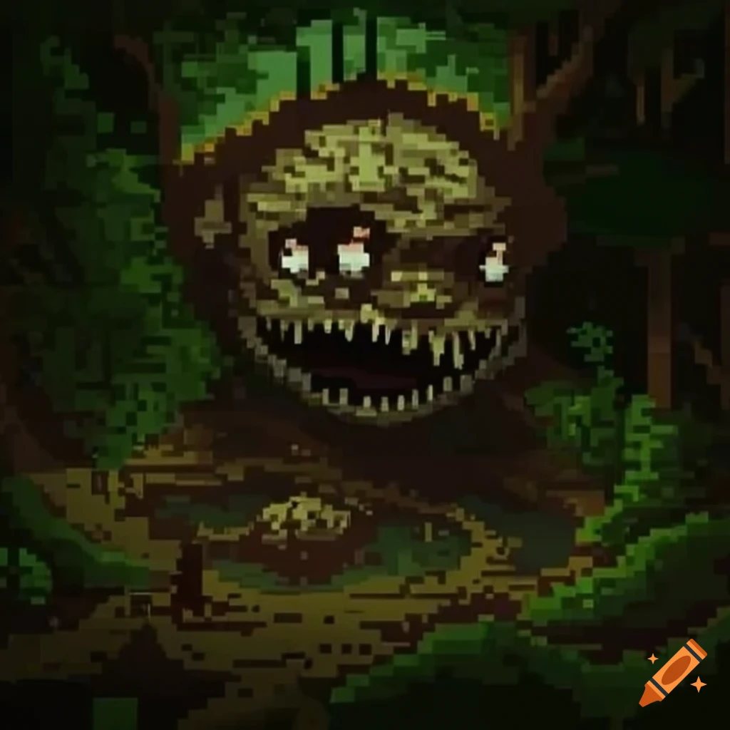 Pixel art of a monster in a dark forest on Craiyon