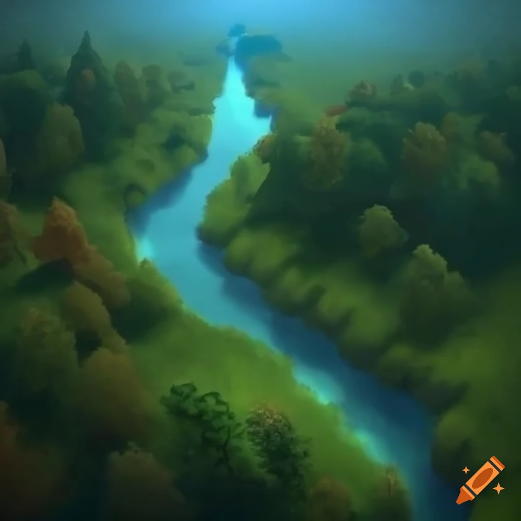 RPG gamefield view from above with river, hills, and trees on Craiyon