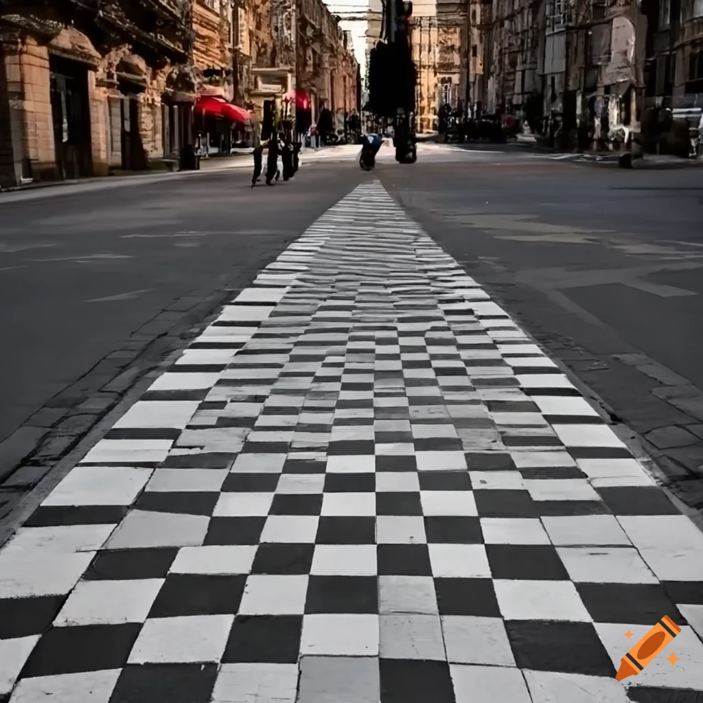 Gigantic black and white checkerboard sidewalk on Craiyon