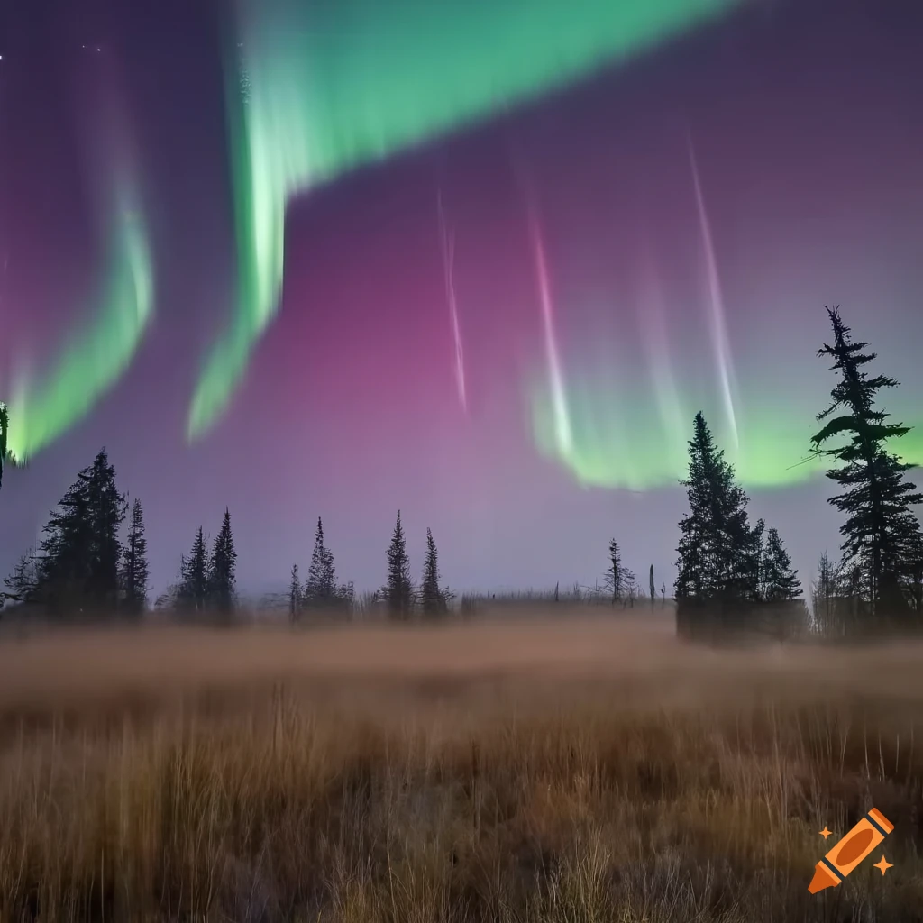 Arctic foggy marsh at dusk with aurora borealis and tall dense blue spruce trees on Craiyon
