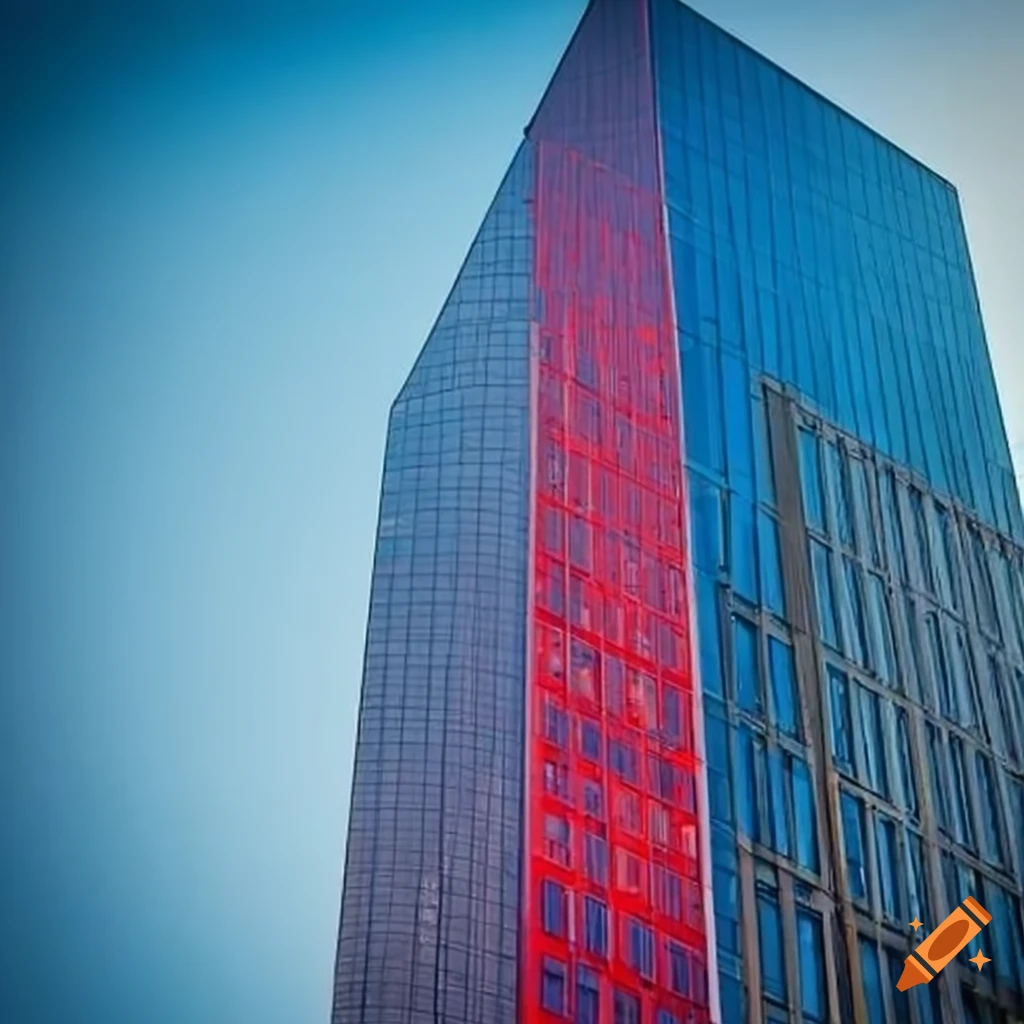Large red and blue glass and steel skyscraper on Craiyon