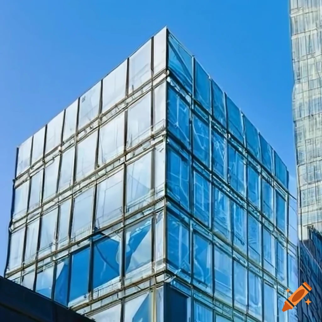 Modern building with intersecting glass cubic structures on Craiyon