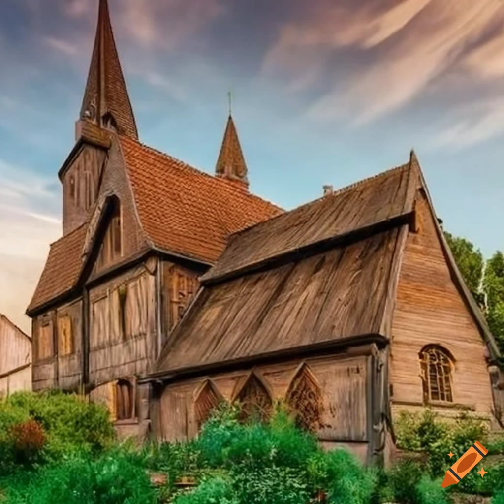 Medieval wooden building in a town street with a garden outside on Craiyon