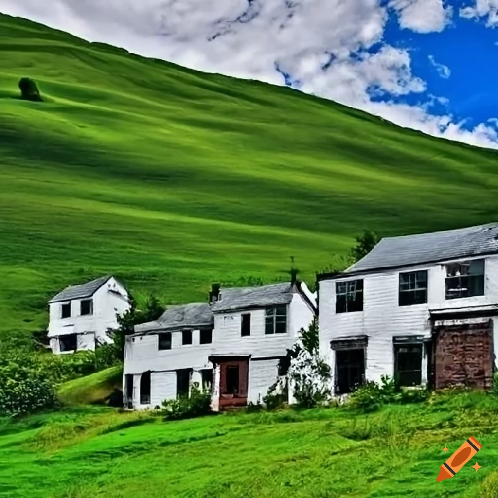 Green hill with many white tuff houses on Craiyon