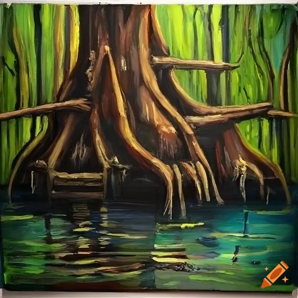 Primitive treehouse fortress in a swamp in oil painting style on Craiyon