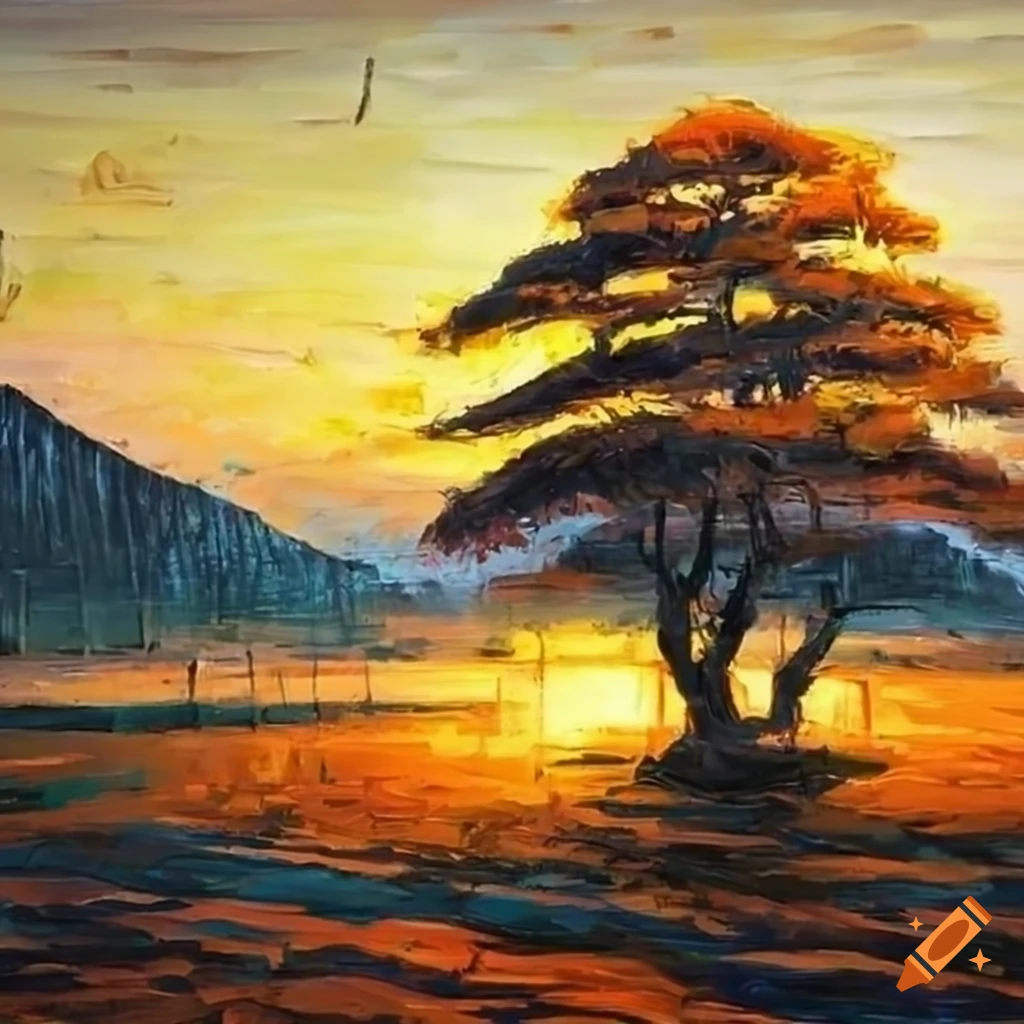 Impressionistic textured painting of japanese countryside at dawn on ...