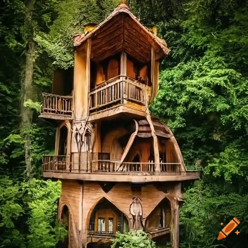 Intricately designed art nouveau treehouse village surrounded by lush ...