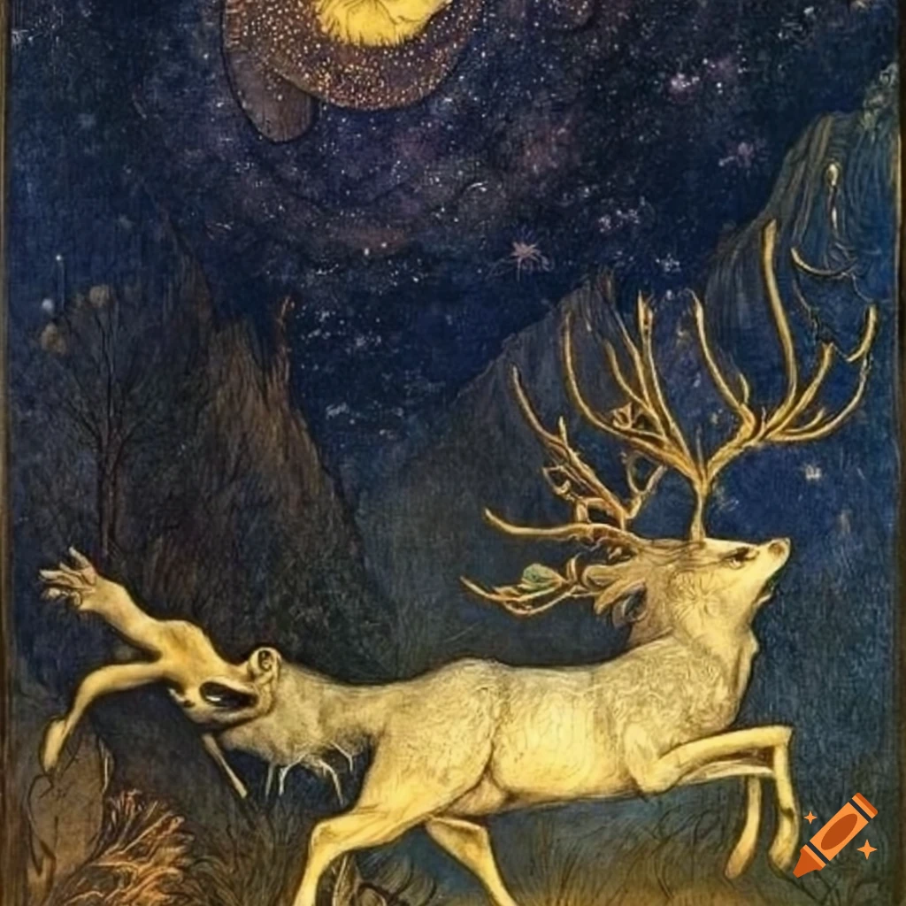 Leaping white stag in the night sky inspired by edmund dulac's style on ...