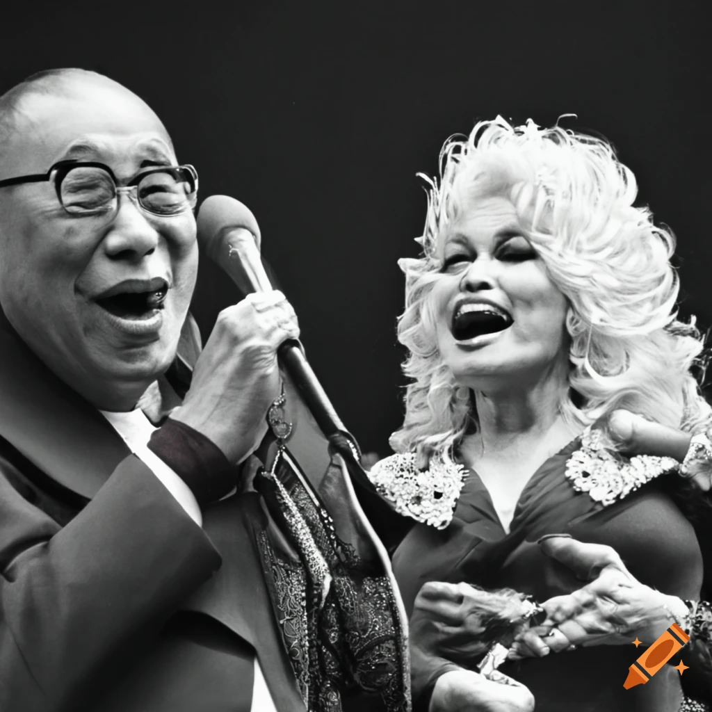 Dolly parton and dalai lama singing together in black and white on Craiyon