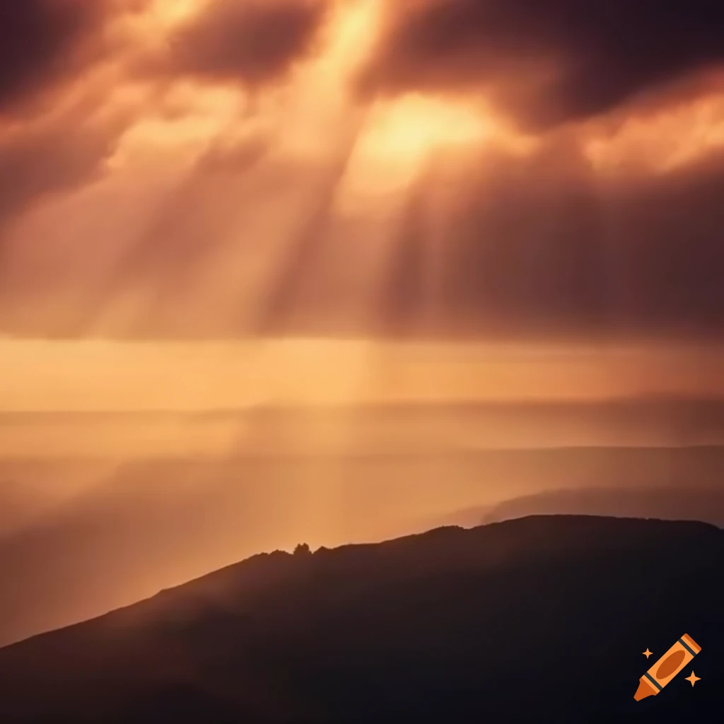 Sunbeams breaking through clouds illuminating hilltop landscape on Craiyon