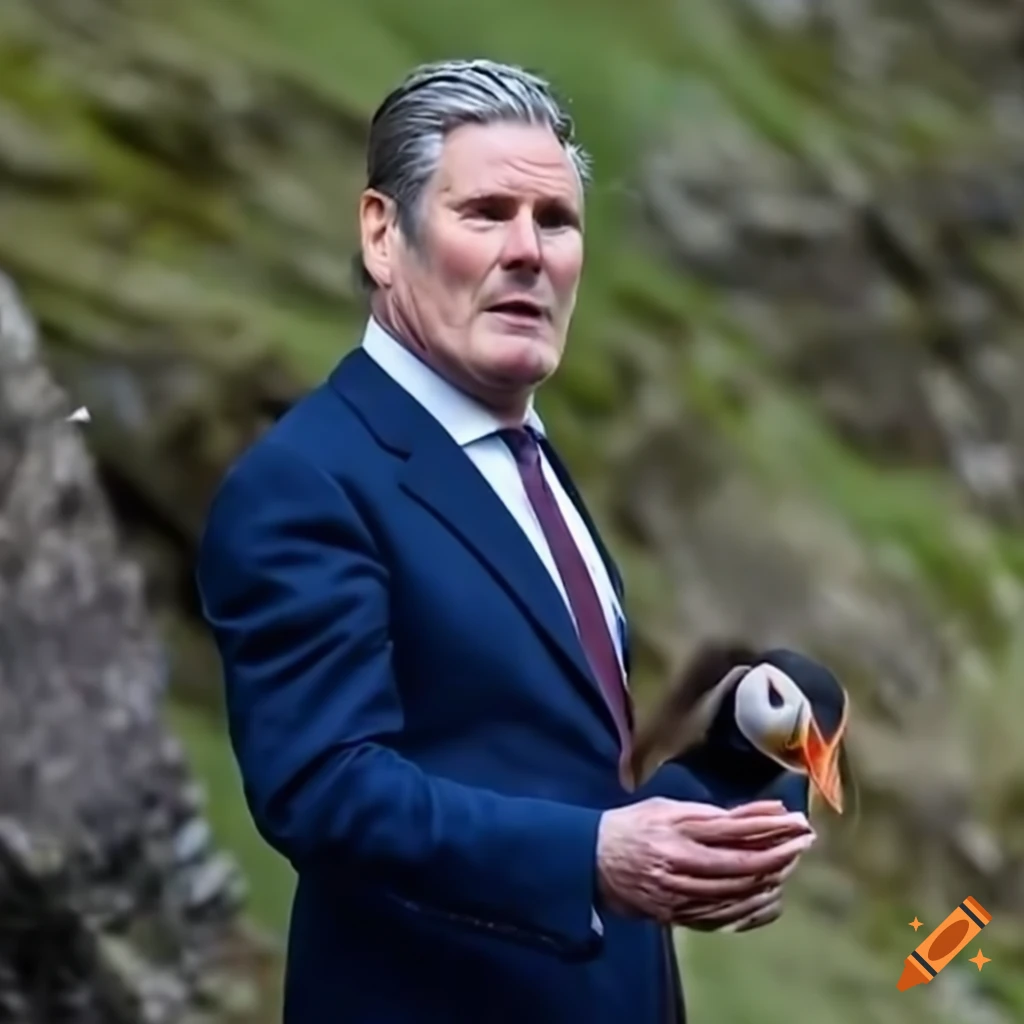 Keir starmer surrounded by angry puffins in a sad scene on Craiyon