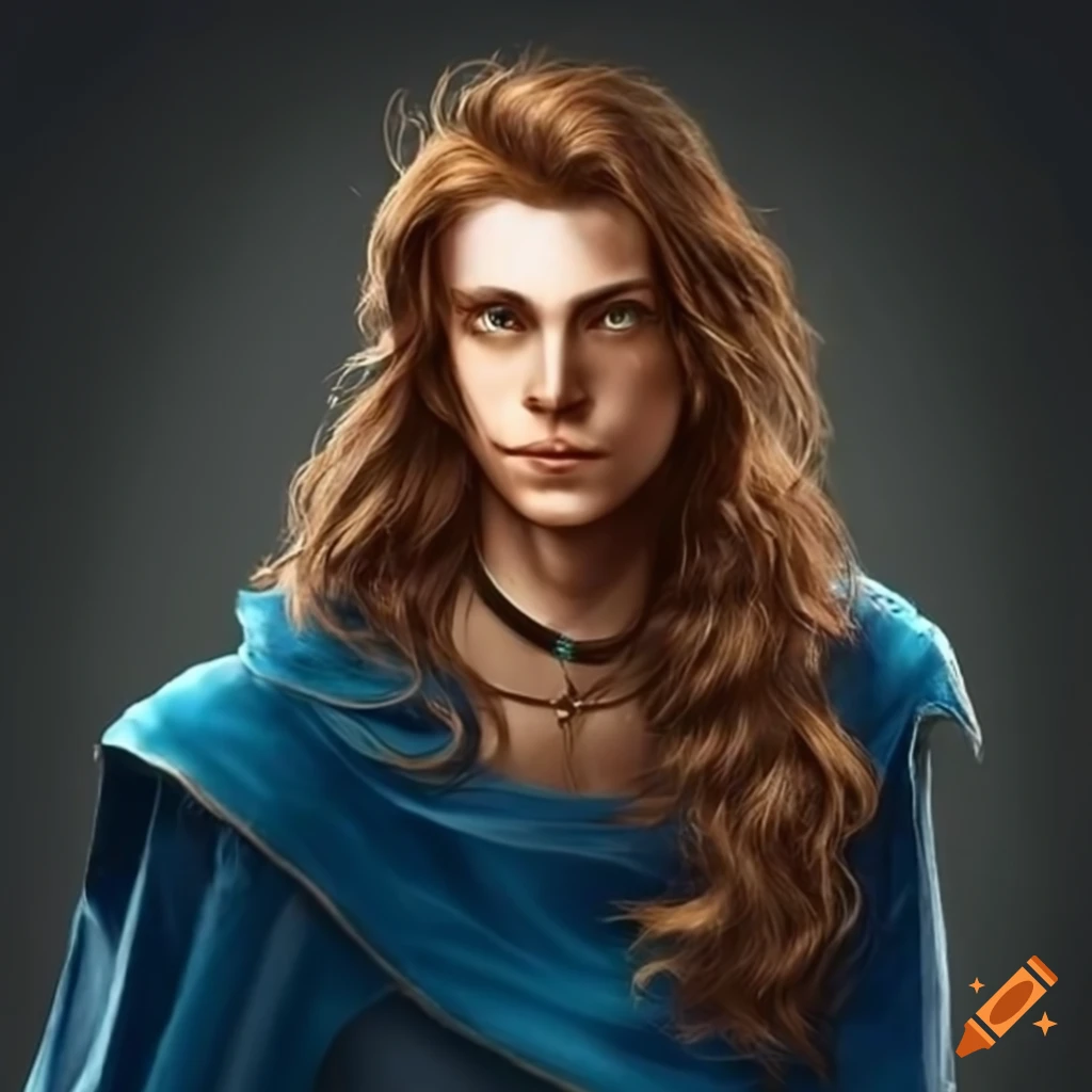 Smiling fantasy wizard with long wavy brown hair casting a spell on Craiyon