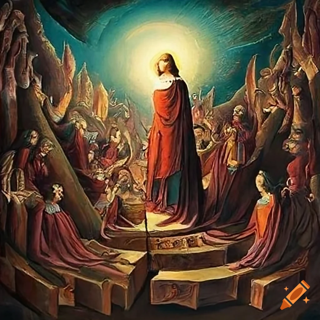 Purgatory inspired painting with a mountain and seven terraces ...