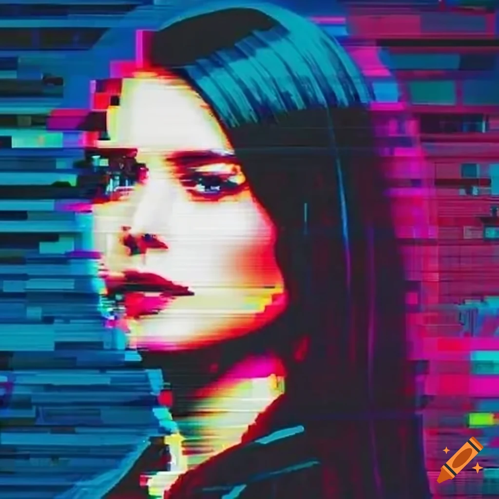 Glitch effect depicting a woman with long hair and fading face in ... Glitch effect depicting a woman with long hair and fading face in ...