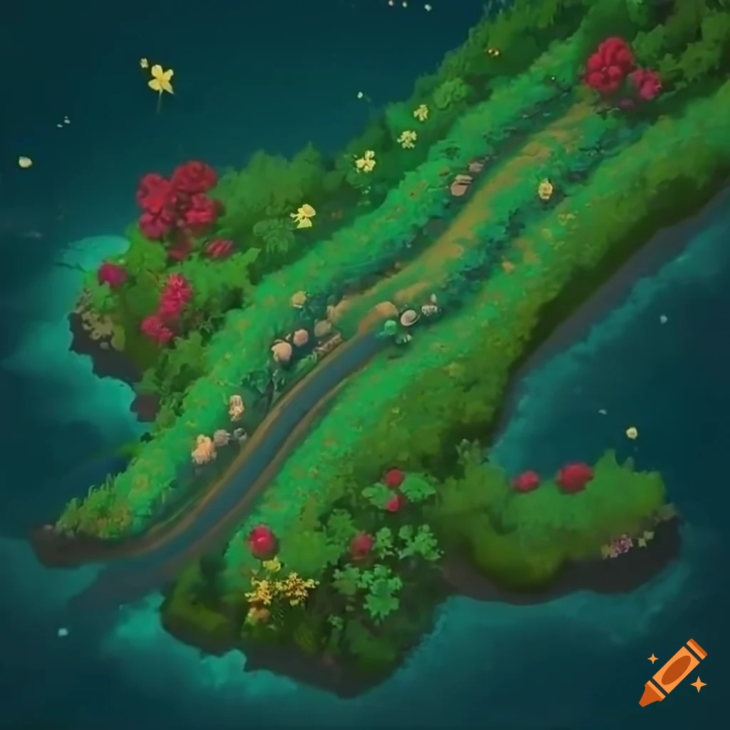 Path through green trees and colorful flowers by a blue river and green ...