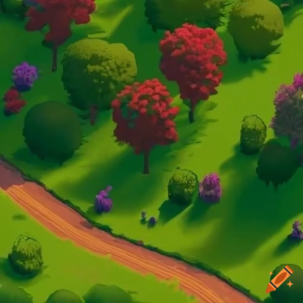 Path through green trees and colorful flowers by a blue river and green ...