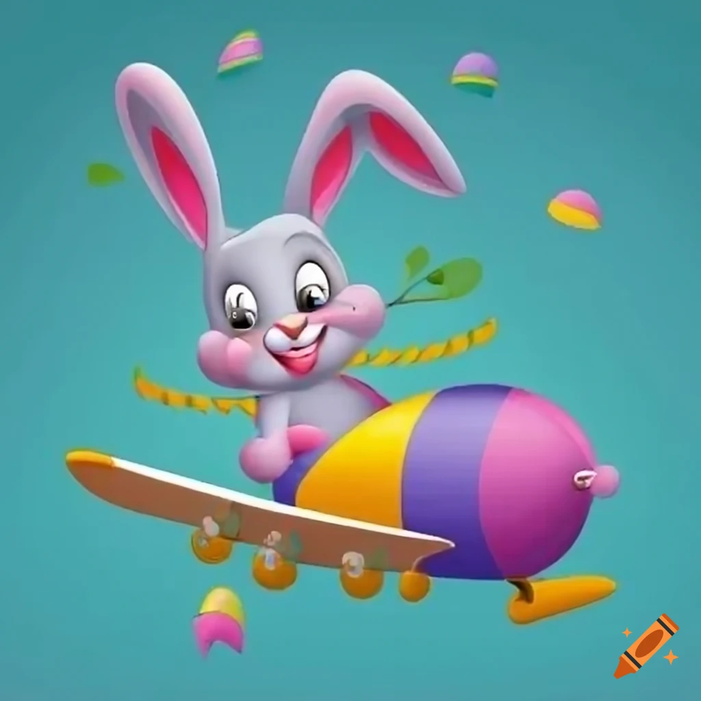 Cartoon easter bunny flying on an airplane on Craiyon