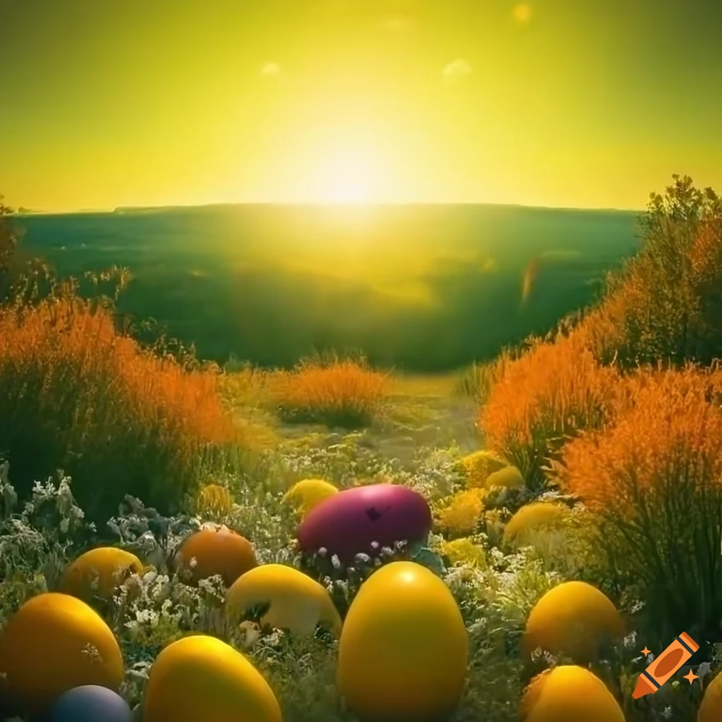 Colorful giant Easter eggs spread among wildflowers under a radiant sun ...