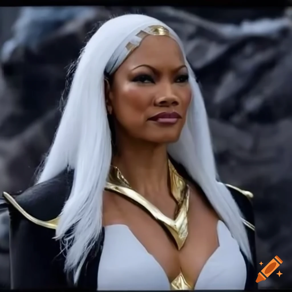 Garcelle Beauvais as Storm from X-Men with white hair on Craiyon