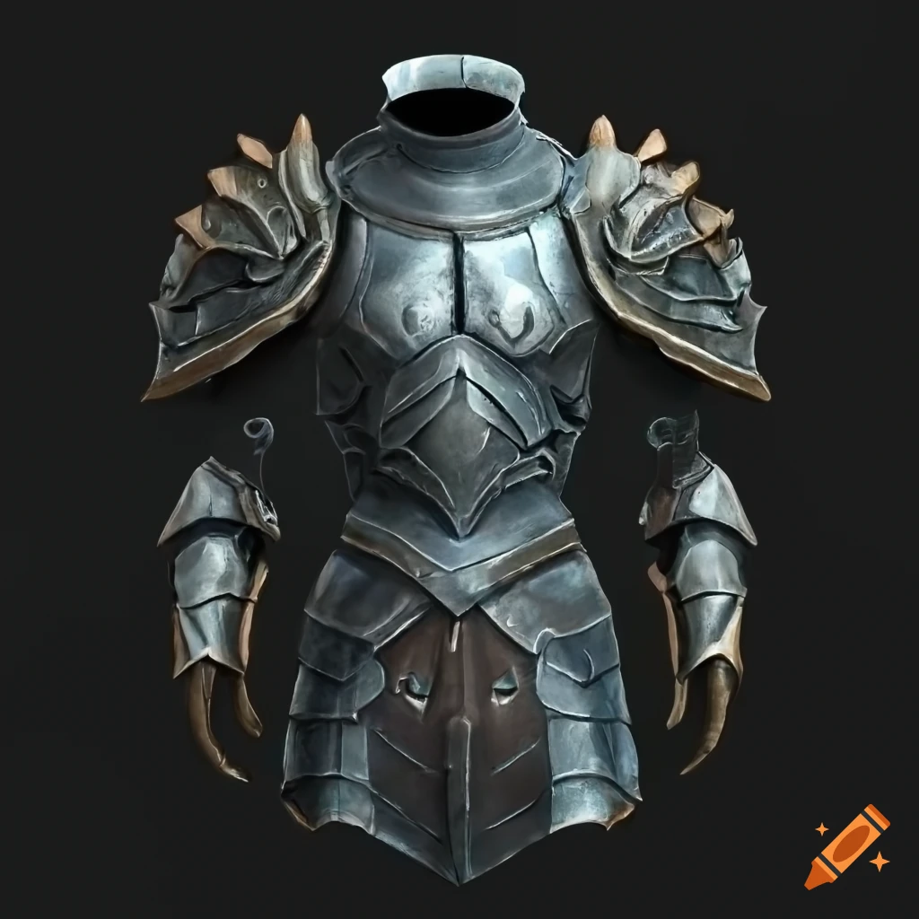 Shiny mythic fantasy master steel armor, front view on Craiyon