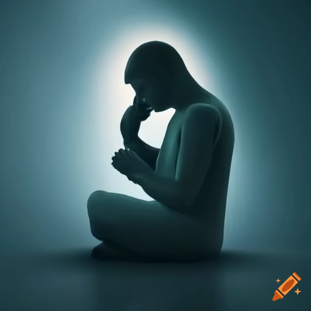 Man in deep prayer before a radiant figure with shining light on Craiyon