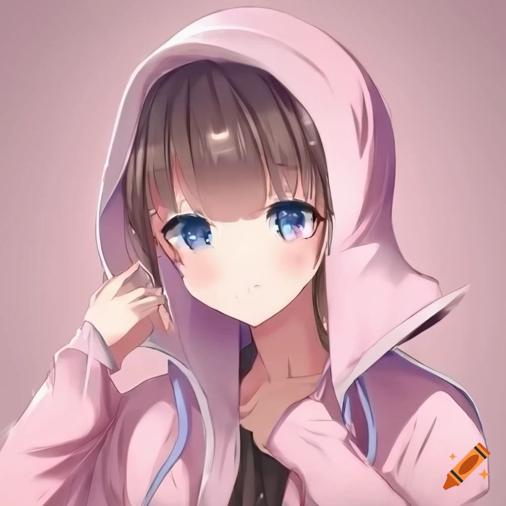 Cute anime girl in pink hoodie with brown hair and blue eyes on Craiyon