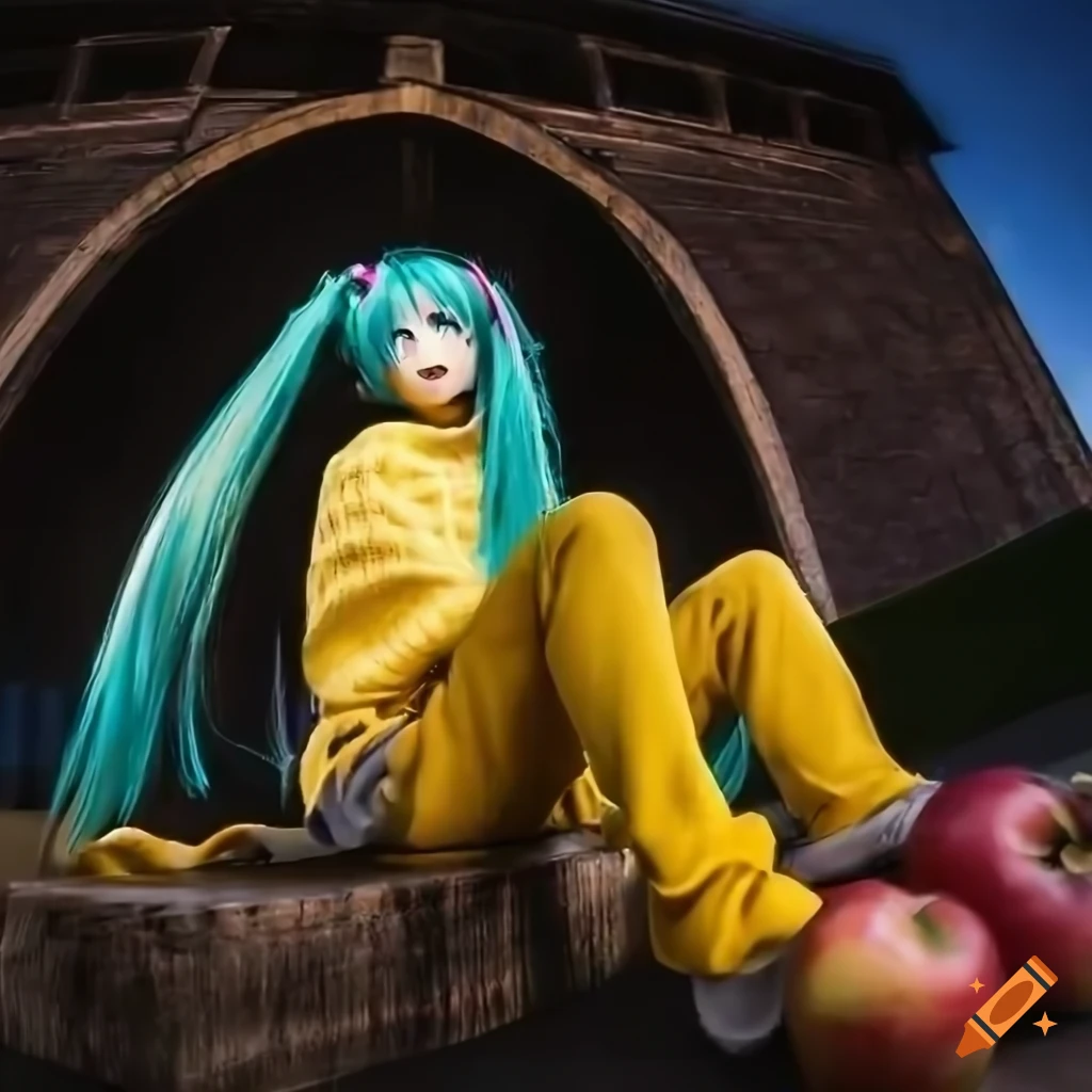 Hatsune Miku in a yellow sweater sitting on an Apple box captured with ...